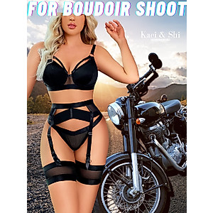 Kaei&Shi Garter Belt Thong Lingerie For Women,Strappy Hollow Out Sexy Lingerie,Underwire Mesh Sheer Matching 4 Piece Lingerie Set Boudoir Black Medium