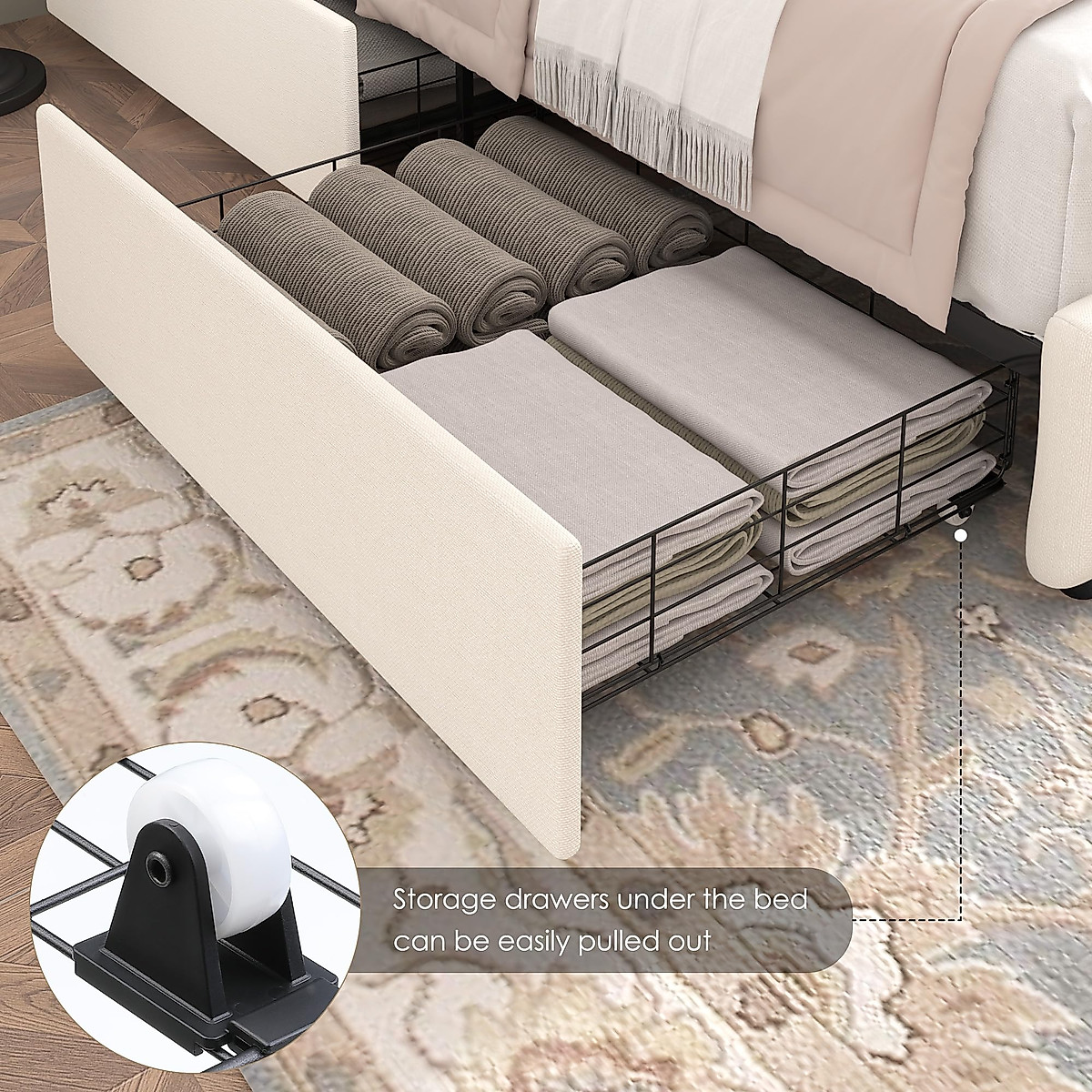 Keyluv Modern Upholstered Bed Frame with 4 Storage Drawers, Button Tufted Headboard Design, Solid Wooden Slat Support, Easy Assembly, Fabric, Beige, Queen Size