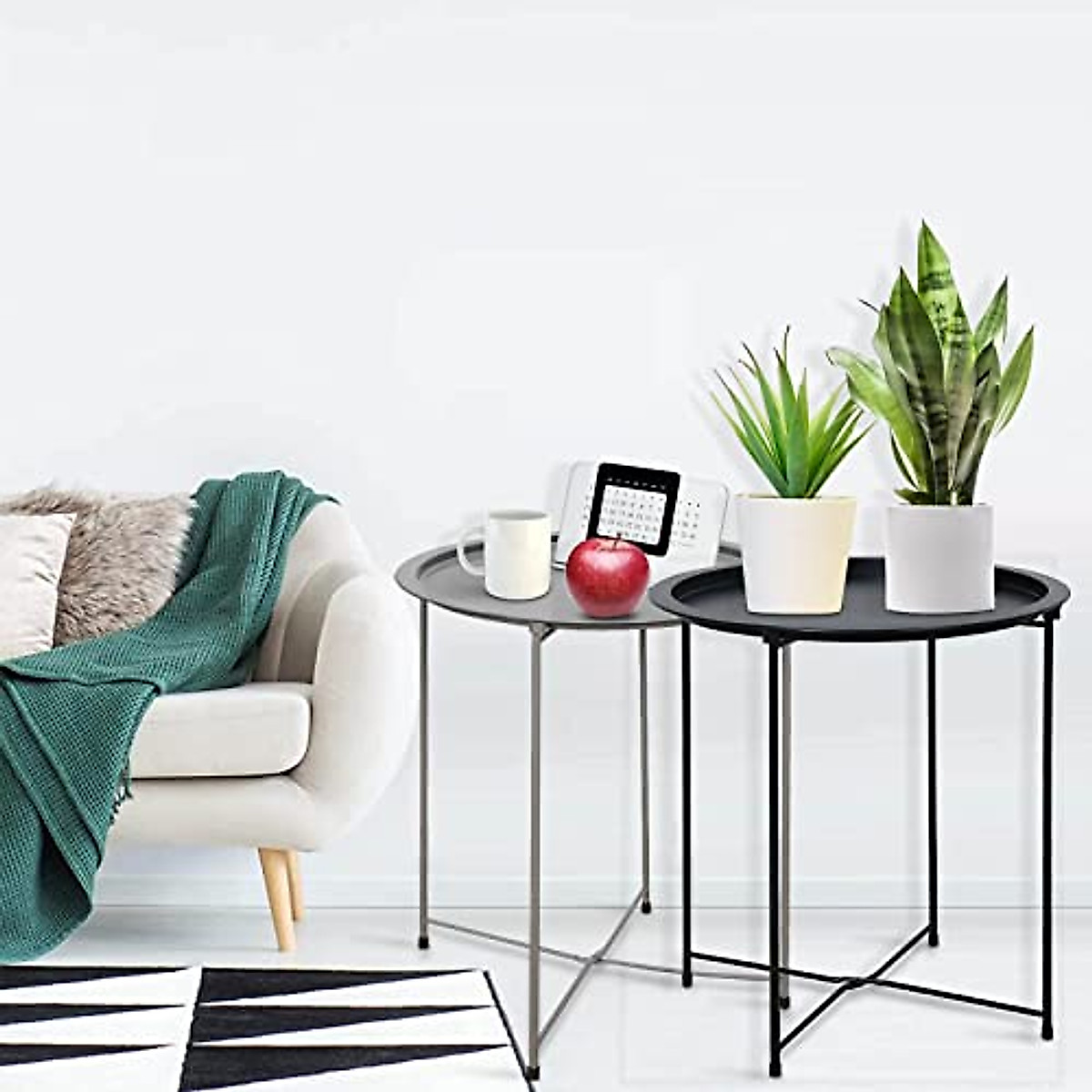 Garden 4 you Folding Tray Metal Side Table Grey Round End Table Cyan Sofa Small Accent Fold-able Table, Round End Table Tray, Next to Sofa Table, Snack Table for Living Room and Bed Room