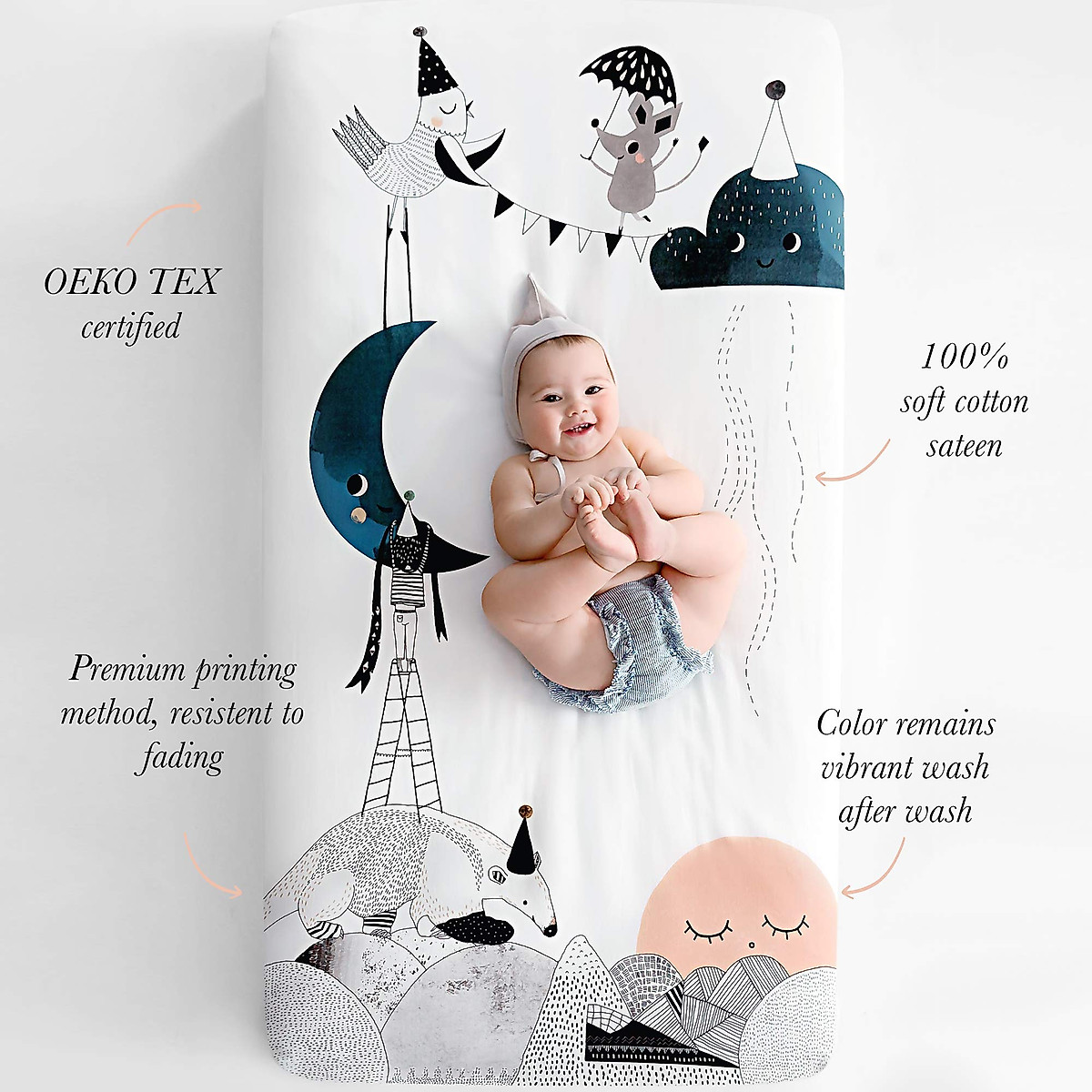 Rookie Humans 100% Cotton Sateen Fitted Crib Sheet: The Moon’s Birthday. Modern Nursery, Use as a Photo Background for Your Baby Pictures. Standard Crib Size (52 x 28 inches) (Standard Cotton Sateen)