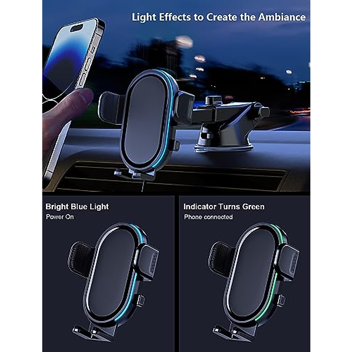 Wireless Car Charger, UGDLUCK 15W Fast Charging Car Charger Mount with Colored Lights Dashboard Windshield Air Vent Car Phone Holder fit for iPhone 14 13 12 11 Pro Max,Samsung Galaxy S23 S22 S21,etc