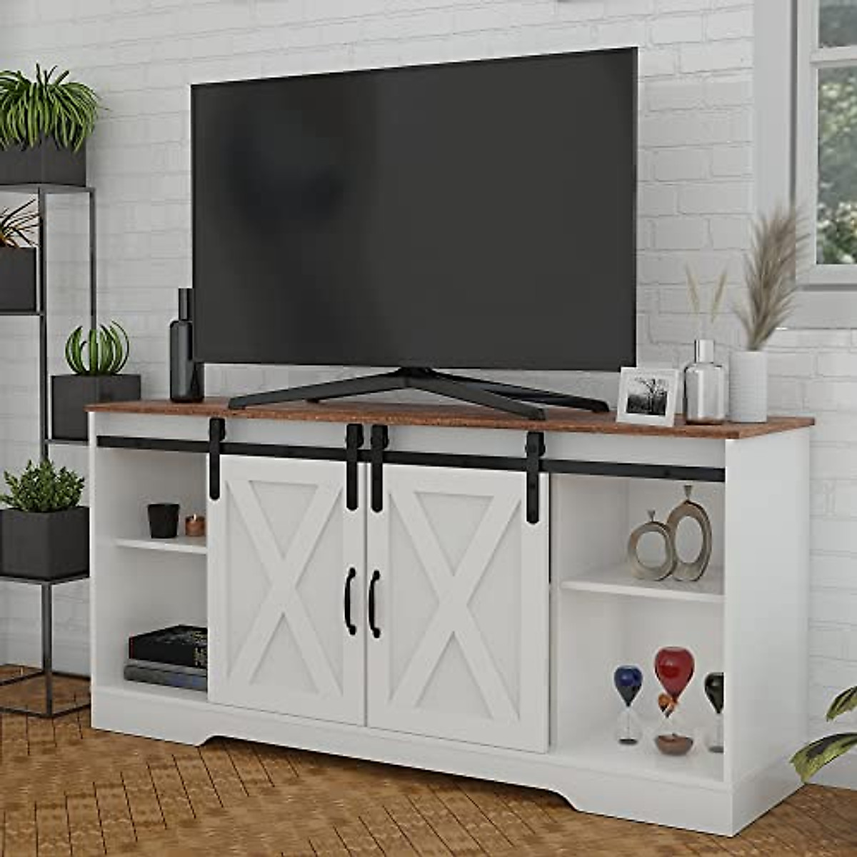 JOYSOURCE Farmhouse TV Stand Wood Sliding Barn Doors Entertainment Center, Modern TV Stand for 60 Inch TV, Television Stands with Adjustable Shelves Living Room TV Console, White Rustic