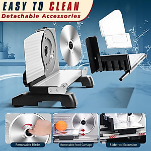 BIEAMA Meat Slicer, 200 W Electric Food Slicer with 2 Removable 7.5" Stainless Steel Blades Child Lock Protection Adjustable Thickness 0-18mm Meat Slicer Machine for Home with Food Tray, Towel