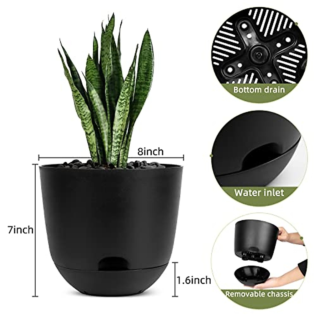 QCQHDU Plant Pots,3 Pack 8 inch Self Watering Planters High Drainage with Deep Saucer Reservoir for Indoor & Outdoor Garden Flowers Plant Pot-Black