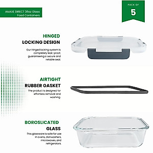 Amaxe Direct 5 Pack 36OZ Kitchen Leak-Proof Glass Food Storage Containers - Thick & Durable Glass Meal Prep Containers - Airtight Easy to Clean Glass Storage Containers with Lids