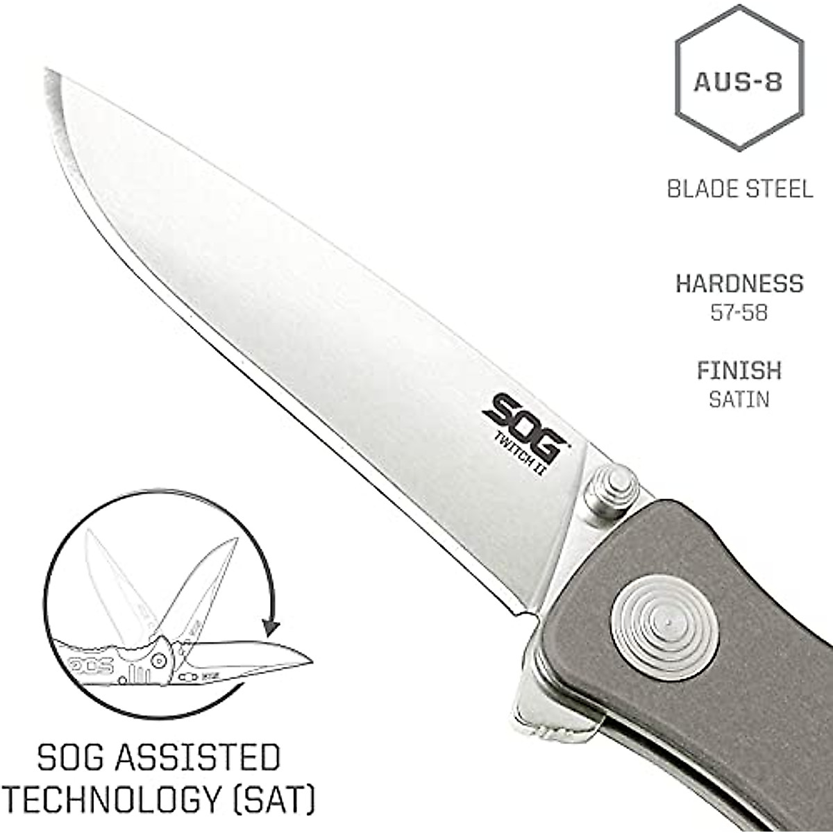 SOG TWI8-CP Twitch II 6.20 Inch EDC Folding Knife, silver
