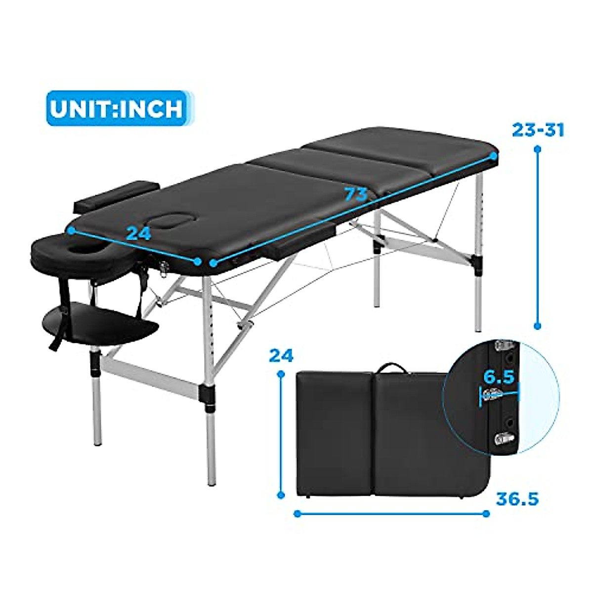 Massage Table Portable Massage Bed 3 Folding 73 Inch Height Adjustable Aluminium Salon Bed Carry Case Tattoo Table Facial Bed Hold Up to 450LBS (Black)
