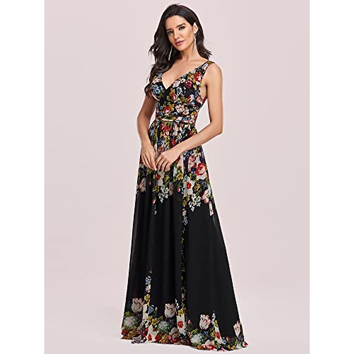 Ever-Pretty Womens Empire Waist Sleeveless V Neck Maxi Bridesmaid Dress Black Printed US16