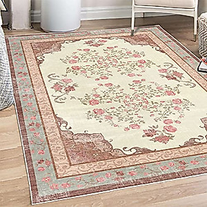 Ambesonne Rose Decorative Rug, Vintage Boho Oriental Culture Style Pattern of Swirling and Curlicue Flowers, Quality Carpet for Bedroom Dorm and Living Room, 4' X 5' 5", Maroon Pink Ivory