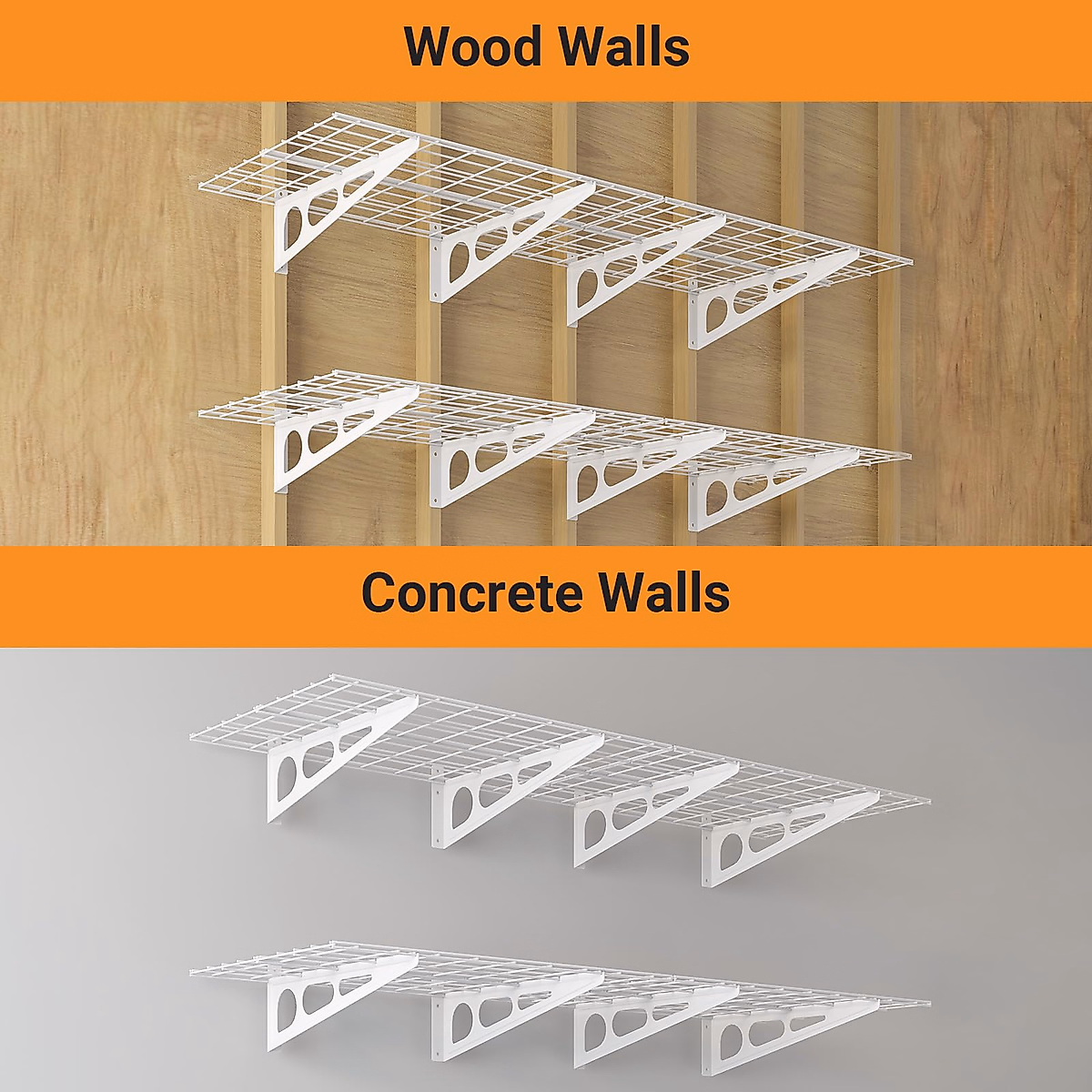 eShelf 2x6 ft Garage Shelving, 2-Pack Wall-Mounted Shelves for Garage, Kitchen, Pantry Storage, 800 lbs Total Load Capacity Garage Storage Wall Shelving, White