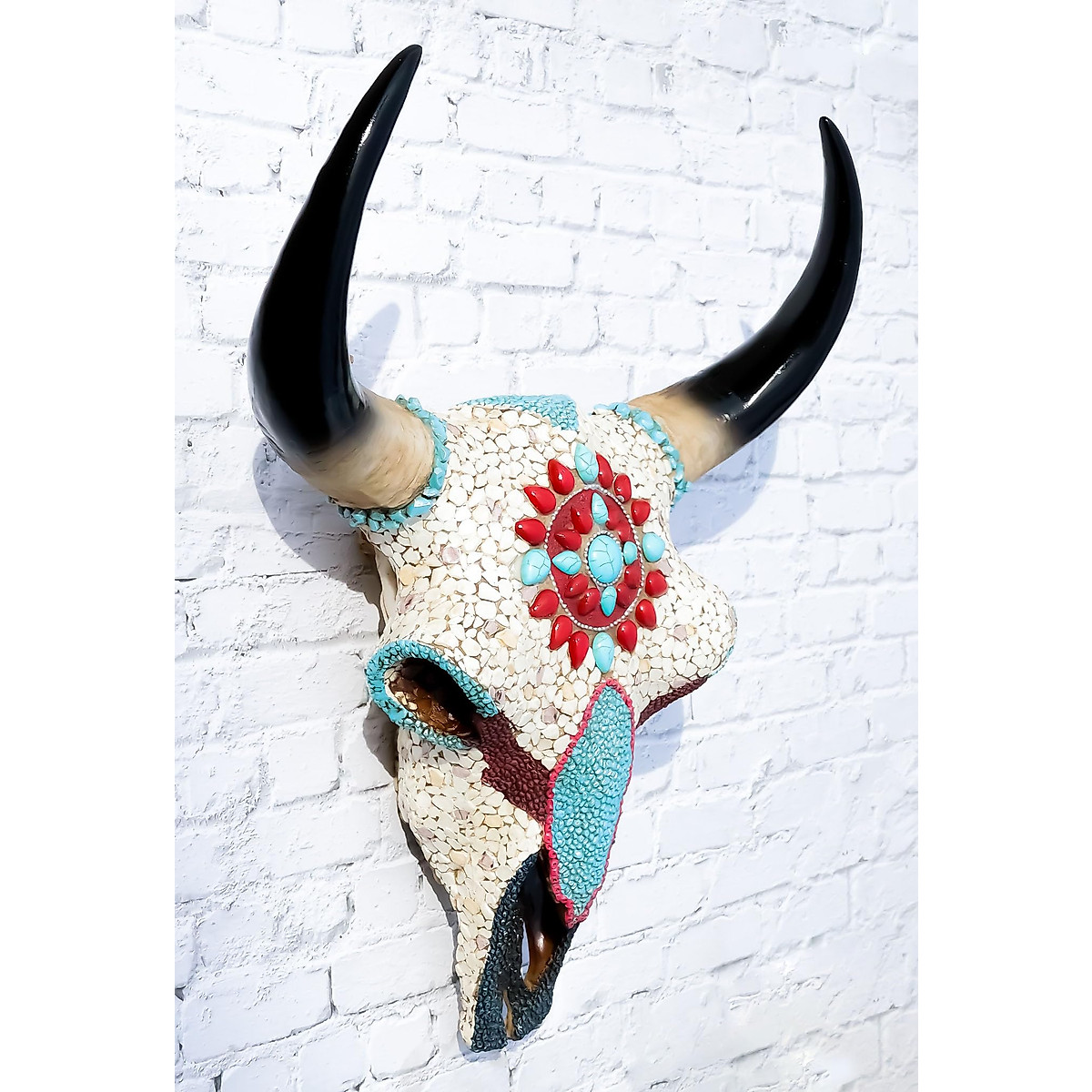Ebros Gift 16.5" High Large Western Southwest Steer Bison Buffalo Bull Cow Skull Head with Mosaic Turquoise and Red Aztec Sun Teardrop Gems Design Wall Mount Decor Native Indian Accent Skulls