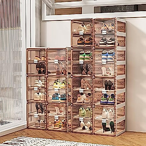 BINSIO Shoe Organizer, Shoe Rack for Closet, Shoe Cabinet for Entryway, Plastic Shoe Storage, Foldable Shoe Box, Fast Assembly Shoe Shelf, One Piece Sturdy Sneaker Holder, Clear Brown Doors - 8 Tiers