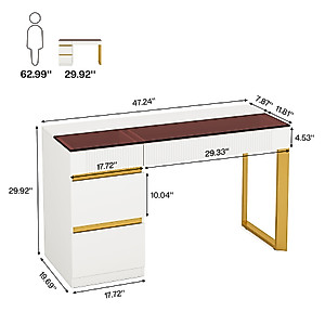 Tribesigns Computer Desk with 4 Drawers, 47 Inch Modern Home Office Desk with Glass Top, White and Gold Writing Workstation Desk with Storage, Makeup Vanity Table for Living Room, Bedroom