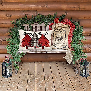 Fukeen Merry Bright Christmas Tree Pillow Covers 12x20 Inch Black White Buffalo Plaids Checked Xmas Red Trees Farmhouse Decorations Throw Waist Pillow Cases Cotton Linen Winter Cushion Cover