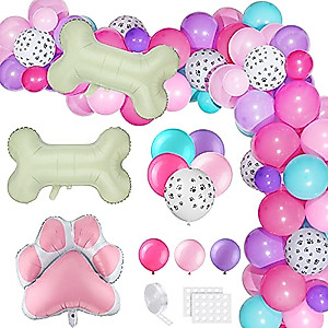 103 Paw Print Balloon Garland for Girls, Bone Shaped Foil Balloon Dog Paw Foil Balloons for Dog Kids Girls Birthday Party (Candy Color)