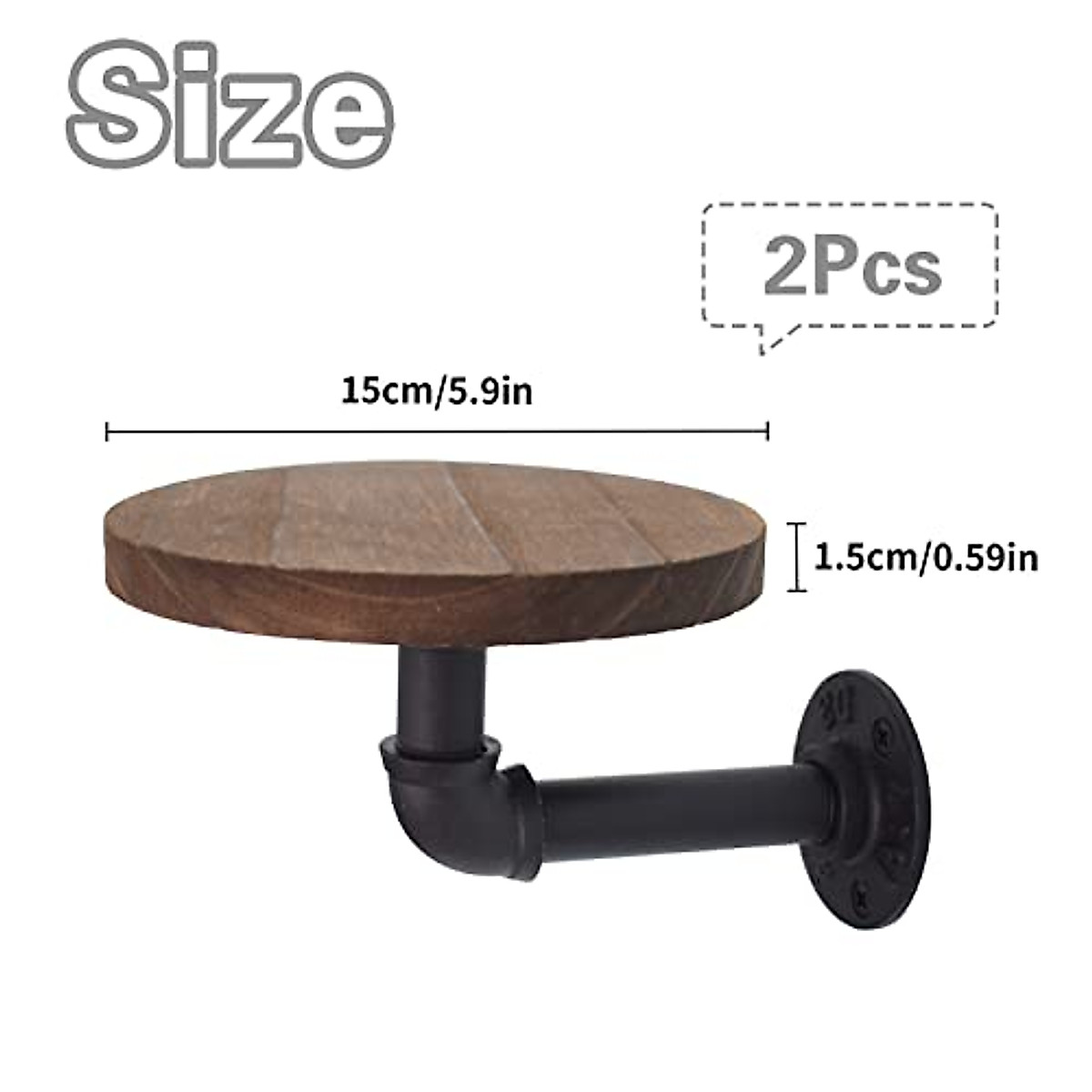 KeaJuidy Wall Mounted Floating Shelves Round Display Rack with Metal Industrial Pipe Brackets, 5.9 inch Industrial Pipe Shelving for Bedroom, Bathroom, Living Room, Kitchen, Set of 2