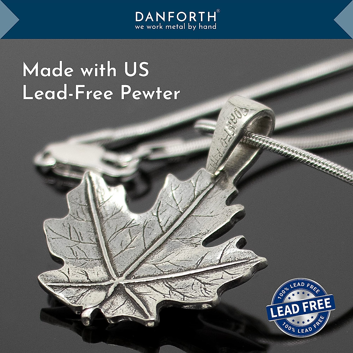 DANFORTH – 1” Maple Leaf Fall/Autumn Necklace, Pewter Pendant, Handcrafted, 18” Sterling Snake Chain, Made In USA