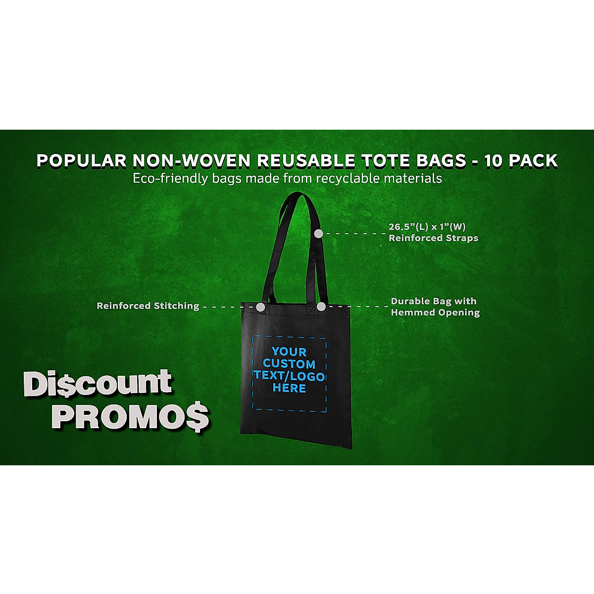 Tote Bags - Non-Woven Bag Totes - 10 pack - Customizable Text, Logo - Reusable Polypropylene Cloth Fabric - Black