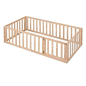 LZ LEISURE ZONE Twin Size Platform Bed with Fence, Solid Wood Floor Bed Frame with Door, Twin Size Daybed Fram, Natural