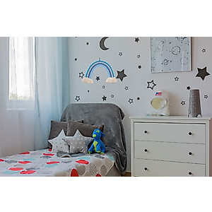 Macrame Pastel Rainbow with Pompoms and Tassels, Wall Hanging Accent for Boys Boho Kid Room Decor, Adorable Baby Shower or Awesome Birthday Gift, Blue 14x11 inches