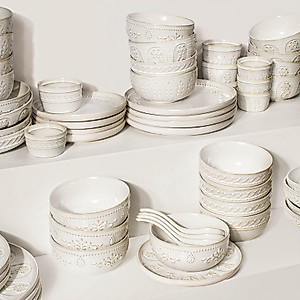 Artena Pasta Bowls, 50oz Large Salad Serving Bowls, 9.75'' Plates Bowls Set of 4, Big White Ceramic Soup Bowls for Kitchen, Embossment Shallow Dinner Bowl, Microwave Dishwasher Safe, Multiple Patterns