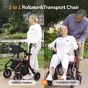 2 in 1 Walkers for Seniors with Seat, VOCIC Transformable Rollator Walker and Transport Chair, Transport Wheelchair w/Paded Seatrest, Pouch, Backrest and Footrest-Gloria Red