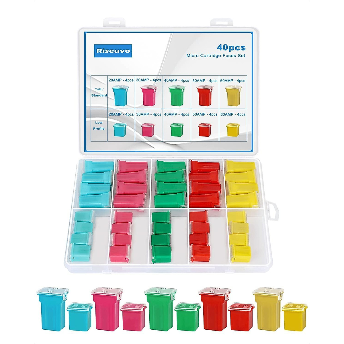 Riseuvo 40 Pcs Car Cartridge Fuses - Automotive Jcase Fuses Assortment Kit Low Profile and Tall/Standard Box Shaped Fuses 20A 30A 40A 50A 60A for RV, SUV, Cars, Boats