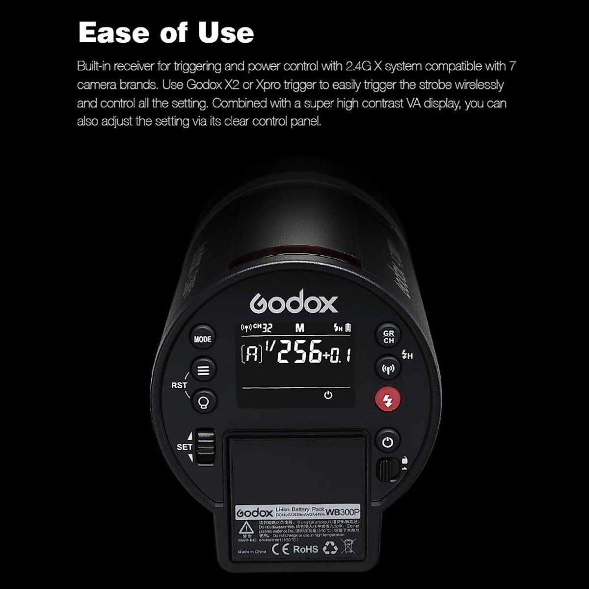 Godox AD300Pro AD300 Pro Strobe Light, 300W 2.4G TTL Flash Strobe Monolight, 1/8000 HSS, 0.01-1.8S Recycle Time, 300 Full Power Pops, 5600±100K, 12W Brightness Adjustable Bi-Color Modeling Led
