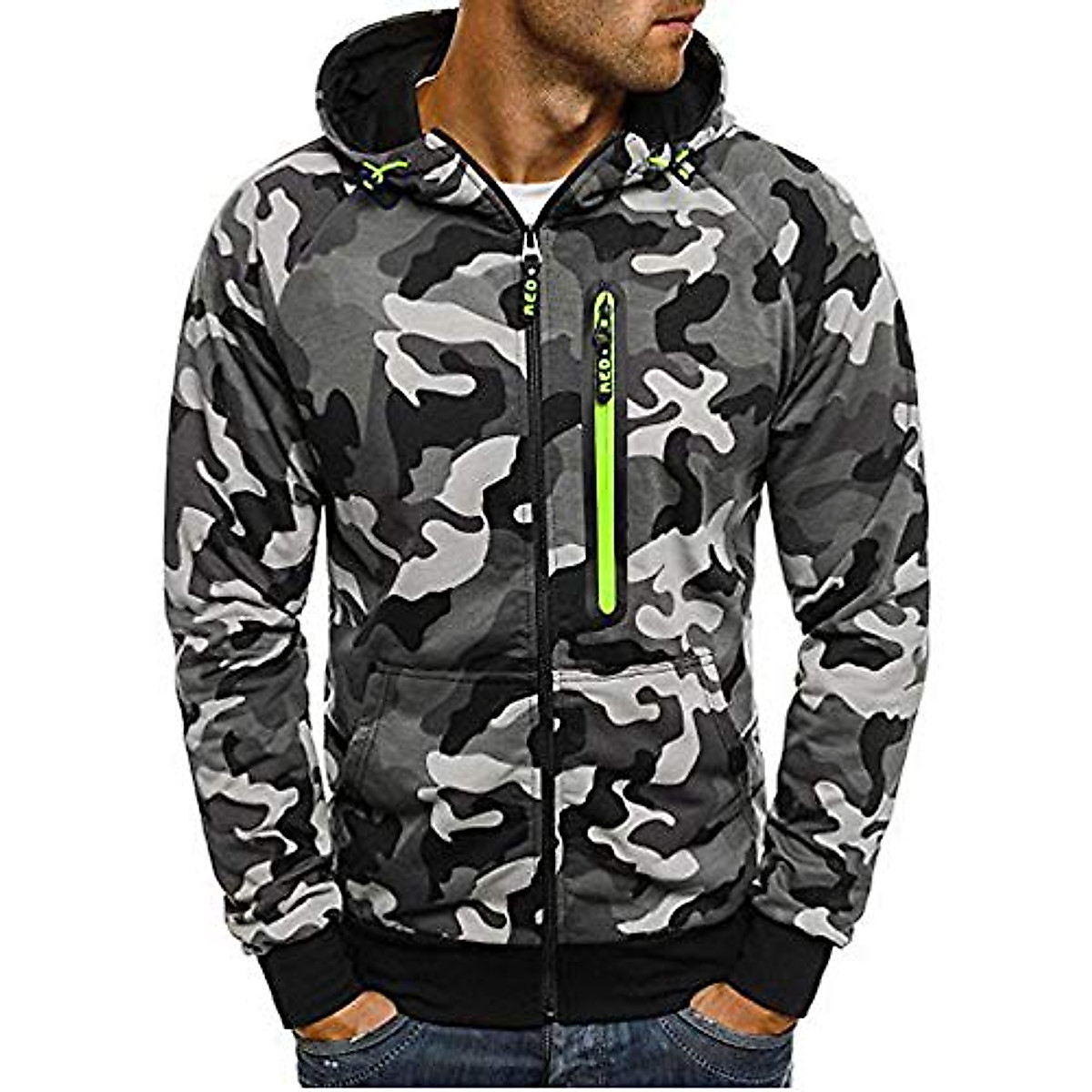 Mens Zipper Hooded Sweatshirts, Thenlian Mens Camouflage Zipper Pullover Long Sleeve Hooded Sweatshirt Tops Blouse(Gray, XL)