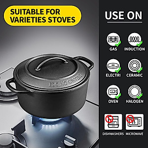 EDGING CASTING Pre-Seasoned Cast Iron Dutch Oven Pot with Lid Dual Handle, Round 5 Quart, Black