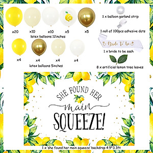 Lemon Bridal Shower Decorations, Yellow and White Balloons Garland Kit She Found Her Main Squeeze Backdrop Bride To Be Sash Artificial Tree Leaves for Lemon Wedding Engagement