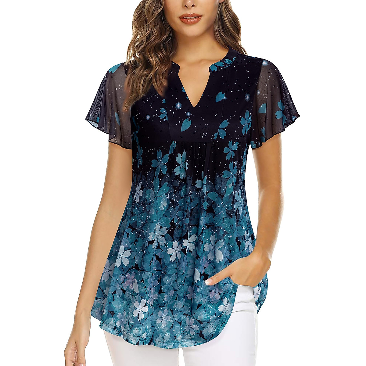Youtalia Womens Petite Tunic Tops Short Sleeve, Ladies Blouses and Tops Dressy V Neck Floral Work Blouses Polyester Shirts Fancy Women Tops Evening Party Layered Dress Shirts Blue Sakura M