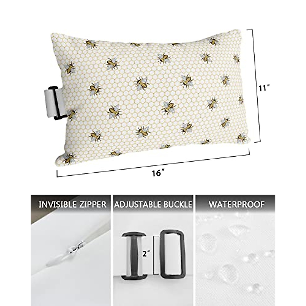 Recliner Head Pillow Ledge Loungers Chair Pillows with Insert Bees Yellow Honeycomb Texture Lumbar Pillow with Adjustable Strap Outdoor Waterproof Patio Pillows for Beach Pool Chair, 2 PCS