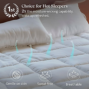Double Stitch Cooling Mattress Topper - Soft 300 Thread Count Tencel Lyocell Cotton Blend, Elastic Straps Stretch Up to 21 Inch, Breathable Down Alternative Fill Pillowtop Mattress Pad - King