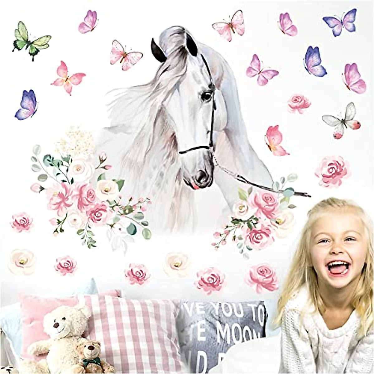 White Horses Wall Decals Farm Animal Decals Peel and Stick Wild Horse Wall Decor Butterfly Flowers Wall Stickers Horses Wall Art Mural for Living Room Kids Bedroom Nursery Farmhouse Office Decor Gift