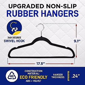 Lifemaster Velvet Non-Slip Plastic Hanger Set - 50 Pieces Non-Slip Clothes Hanger Set with 360° Swivel Hook, Space-Saving, Sleek Design, Smooth Velvet Finish, Lightweight Construction - Black