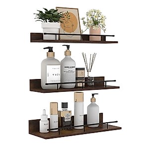 Giftgarden 16 Inch Brown Floating Shelves with Black Metal Guardrail, Wood Shelves for Wall Storage Set of 3, Wall Shelf for Bathroom Bedroom Living Room Kitchen Nursery