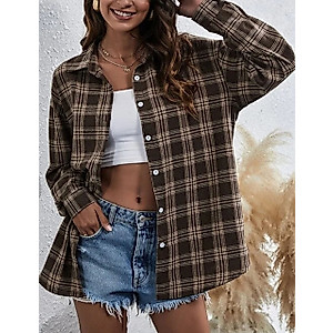 HangNiFang Flannel Shirts for Women Oversized Coffee Plaid Shirts Blouse Tops(0368-Coffee-M)