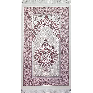 Modefa Islamic Prayer Mat Thin Woven Chenille and Taffeta Turkish Sajadah Intricate Design Metallic Ottoman Mat (White/Blue + White/Pink)