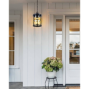 UFOND Outdoor Pendant Lantern for Porch, Pendant Light in Black Finish, 1-Pack Exterior Hanging Lantern with Clear Glass and Adjustable Chain,Gazebo Light Fixture for Patio Garage Entryway