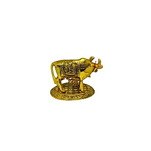 LCRAFT Brass Murti Kamdhenu Cow & Calf | Nandi Cow Decorative Showpiece | Cow with Calf Statue Idol for Diwali II Wedding II Pooja Room II Temple II Gifting | Gold and Silver (14 x 8 x 12.5 cm