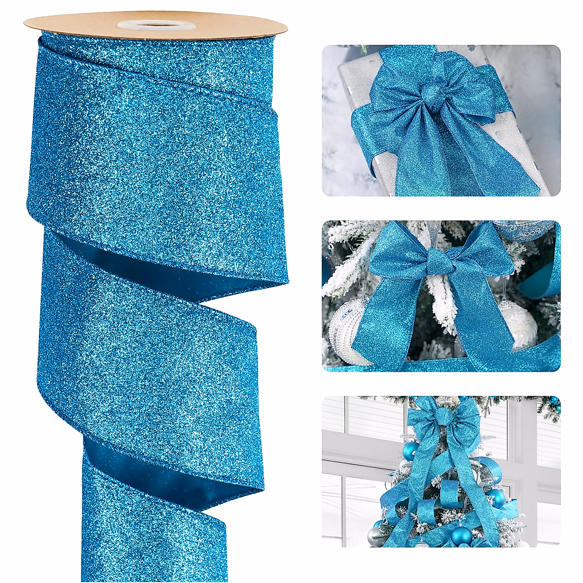 HUIHUANG Turquoise Christmas Ribbon 2-1/2" Sparkle Metallic Glitter Wired Ribbon for Tree, Bows Making, Wreath Supplies, Gift Wrapping, Garland, Home Decor, Crafts -10 Yards