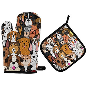 Cute Doodle Dog Print Animal Oven Mitts and Pot Holders Sets Heat Resistant Kitchen Oven Gloves Potholder for Cooking Baking Grill