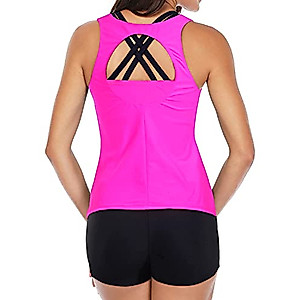 Yonique Tankini Swimsuits for Women 3 Piece Bathing Suits Swim Tank Top with Boy Shorts and Bra Modest Swimwear Pink02 L