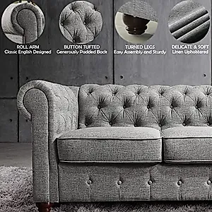 Rosevera Genevieve Upholstered Fine Polyester Collection Tufted Loveseat Couch, Contemporary Chesterfield Armrest,Sectional Sofa for Living Room Apartment, 3SEAT, Linen Gray 3SEAT