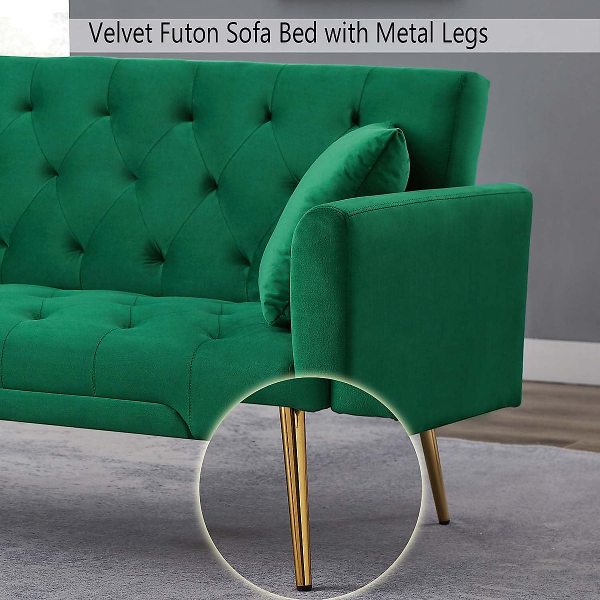 STELSIPLIY 72" Velvet Futon Sofa Bed with Metal Legs&2 Pillows, Modern Sleeper Sofa Couch, Upholstered Convertible Loveseat with Adjustable Backrest, Living Seat for Home Office Apartment,Green