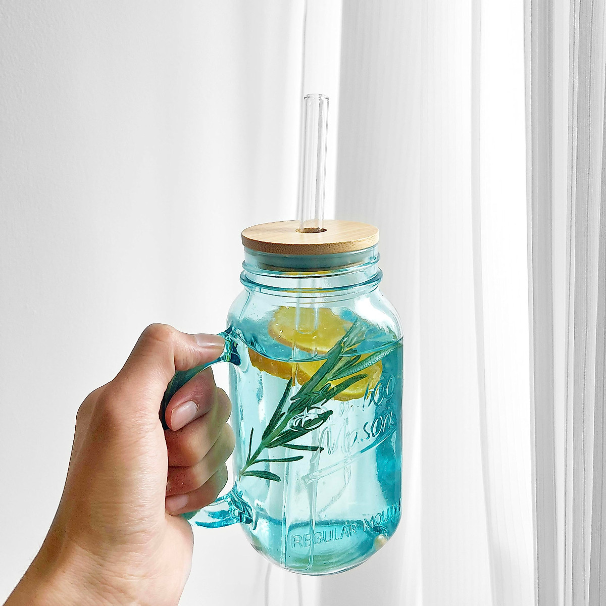 ANOTION Mason Jar with Handle - Colorful Drinking Glasses Colored Glass Cups with Lids and Straws Colored Glasses Drinking Set of 2 Mason Jars Iced Coffee Cups Tumblers Smoothie Water Bottles