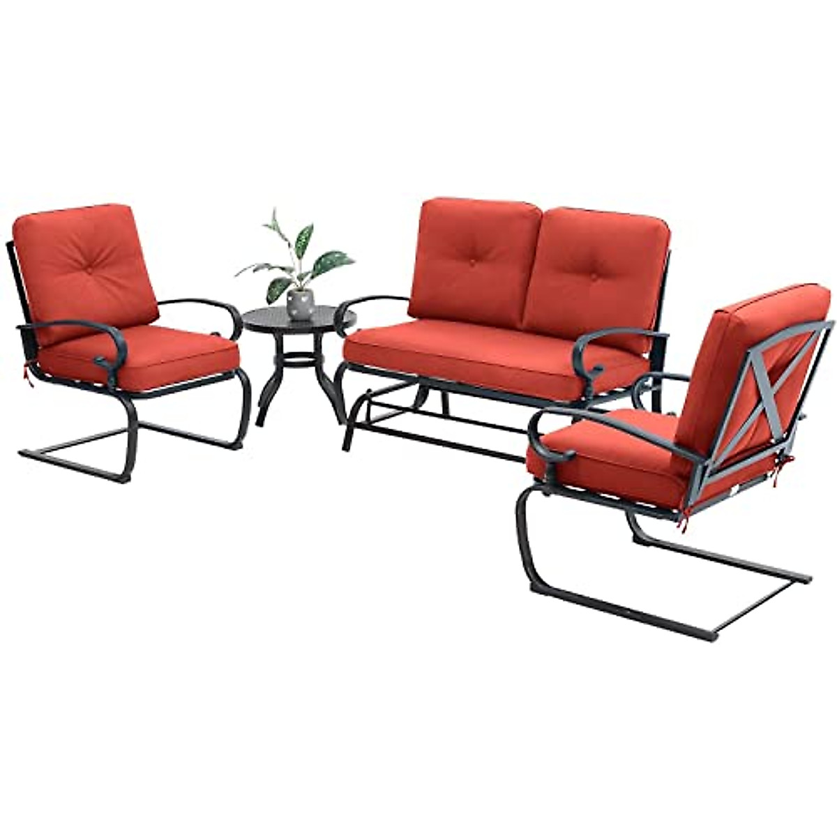 Incbruce 4Pcs Outdoor Metal Furniture Patio Conversation Sets (Glider, Bistro Table, 2 Spring Lounge Chairs) - Wrought Iron Outdoor Glider Chairs Sets (red)