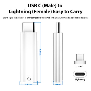USB-C to Pencil Adapter Compatible with Apple Pencil 1st Generation USB-C to for Lightning Connector Charging Adapter for iPad 10th Gen Bluetooth Pair Male to Female Adapter Connector for Apple Pen