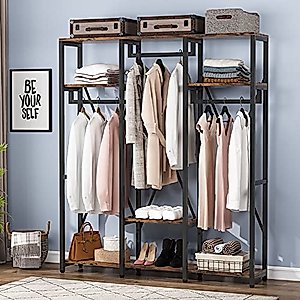 Tribesigns Garment Rack, Heavy Duty Freestanding Closet Organizer Systems with Shelves, Open Wardrobe Closet for Hanging Clothes (Rustic)